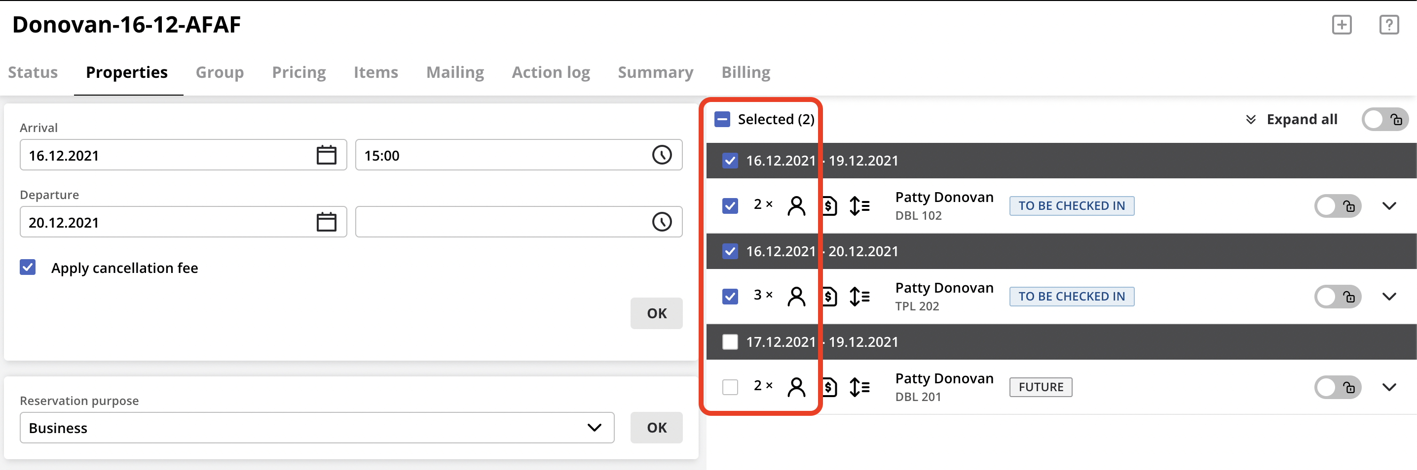 Make changes to group reservations