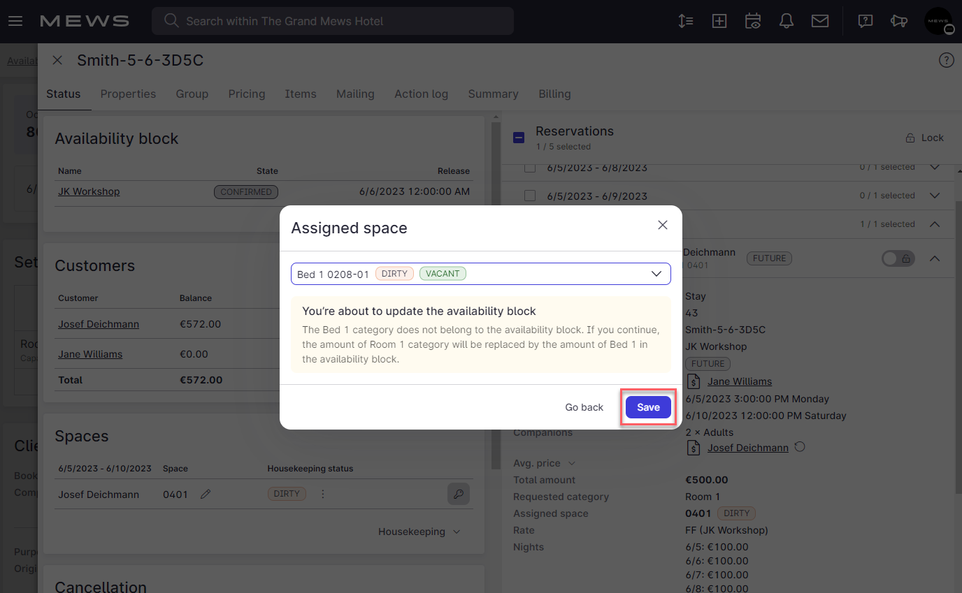 Changing the space category in availability blocks
