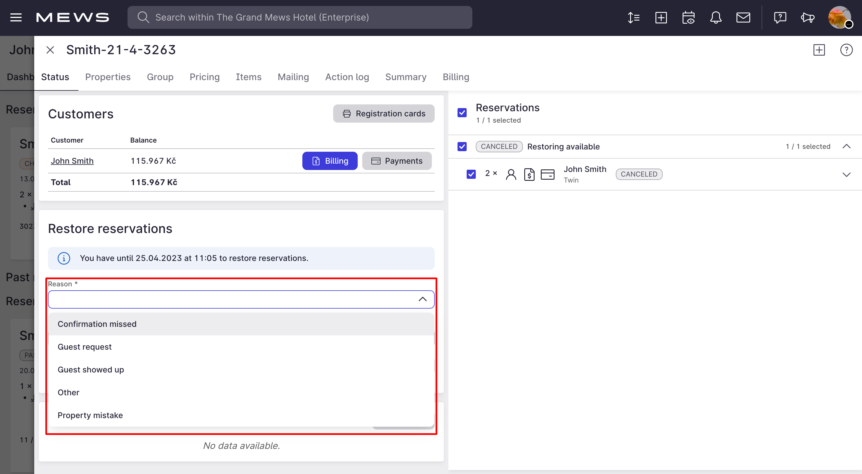 Restore a canceled reservation within the editable history window