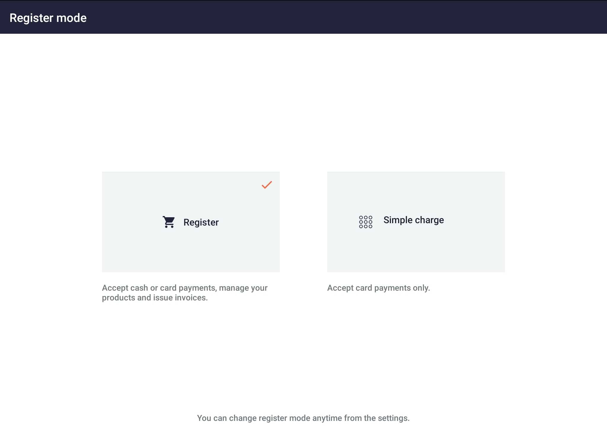 Switching between Register and Simple Charge mode in Mews POS