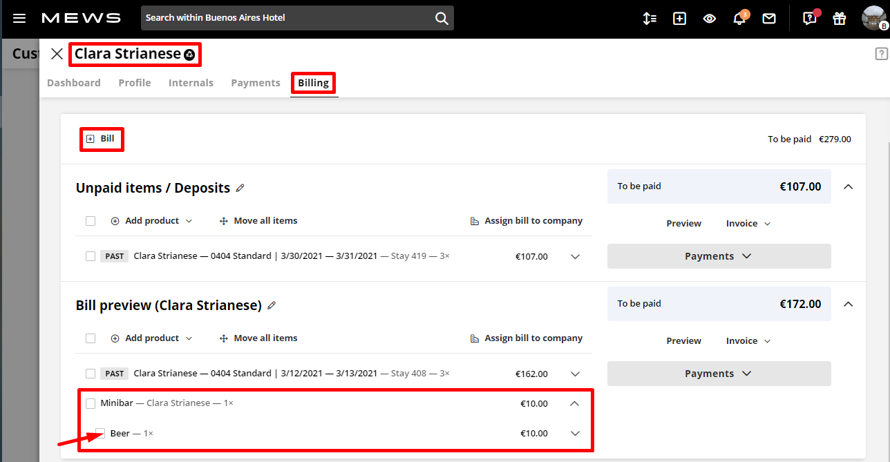 Minibarartikel aus der Mews-App für einen Kunden hinzufügen