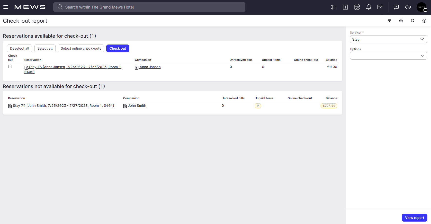 The Check-out report