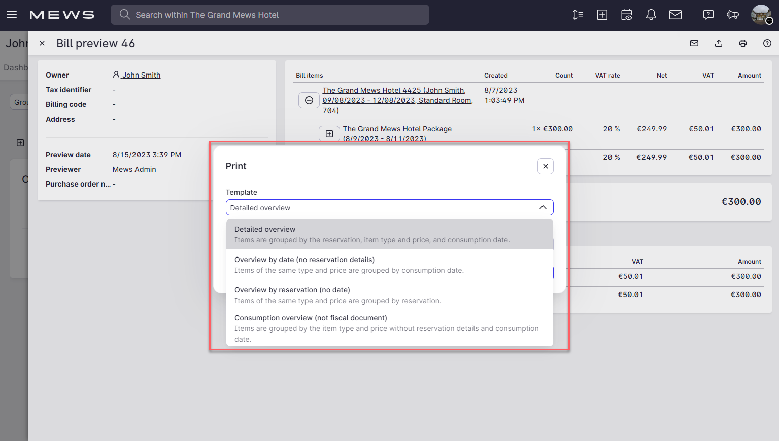 Bill and invoice printing templates in Mews Operations