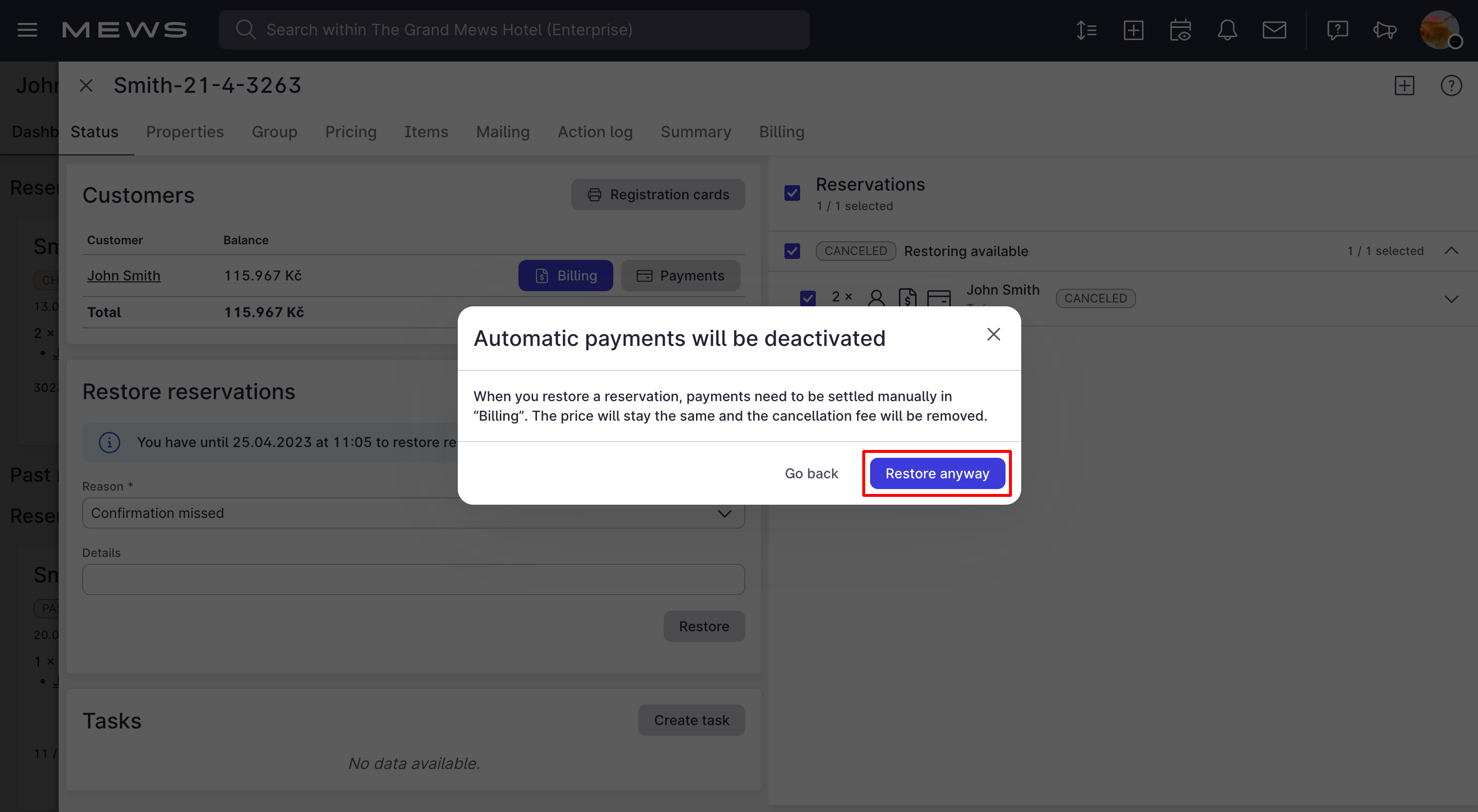 Restore a canceled reservation within the editable history window