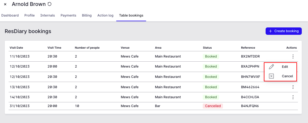 How to create, modify or cancel a ResDiary table booking