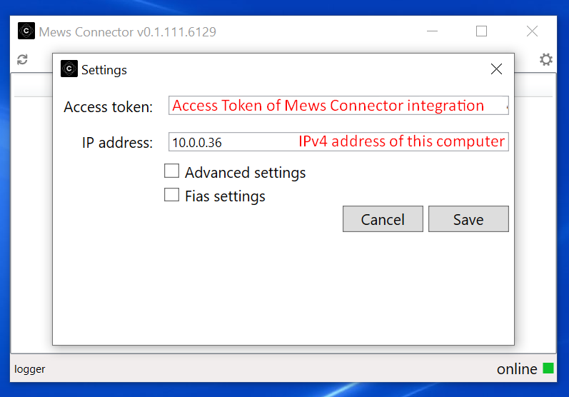 The Mews Connector application for Windows
