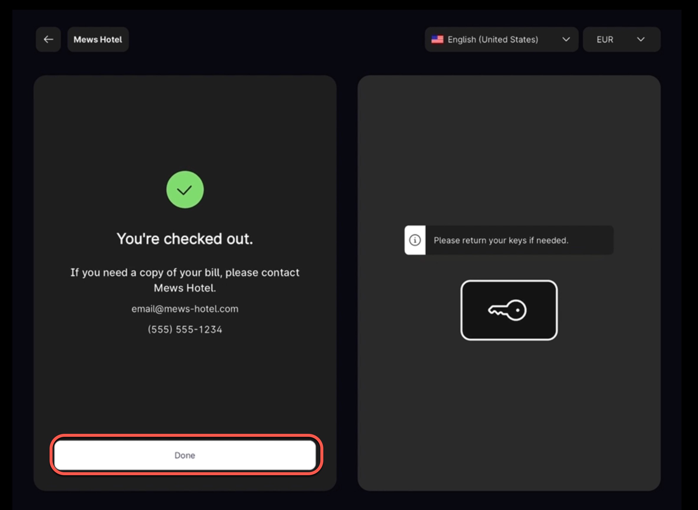The check out journey in Mews Kiosk