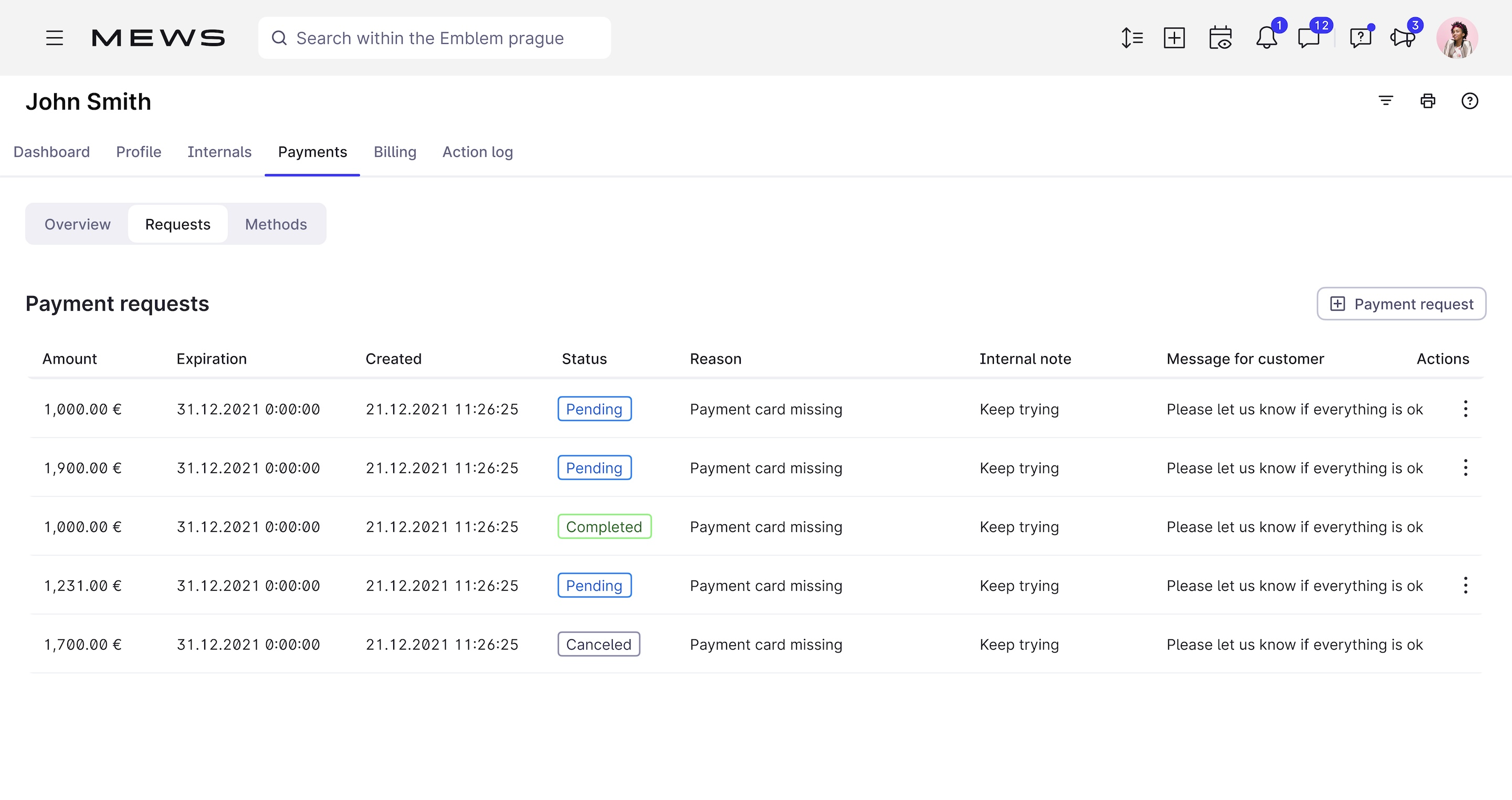 The Customer management screen