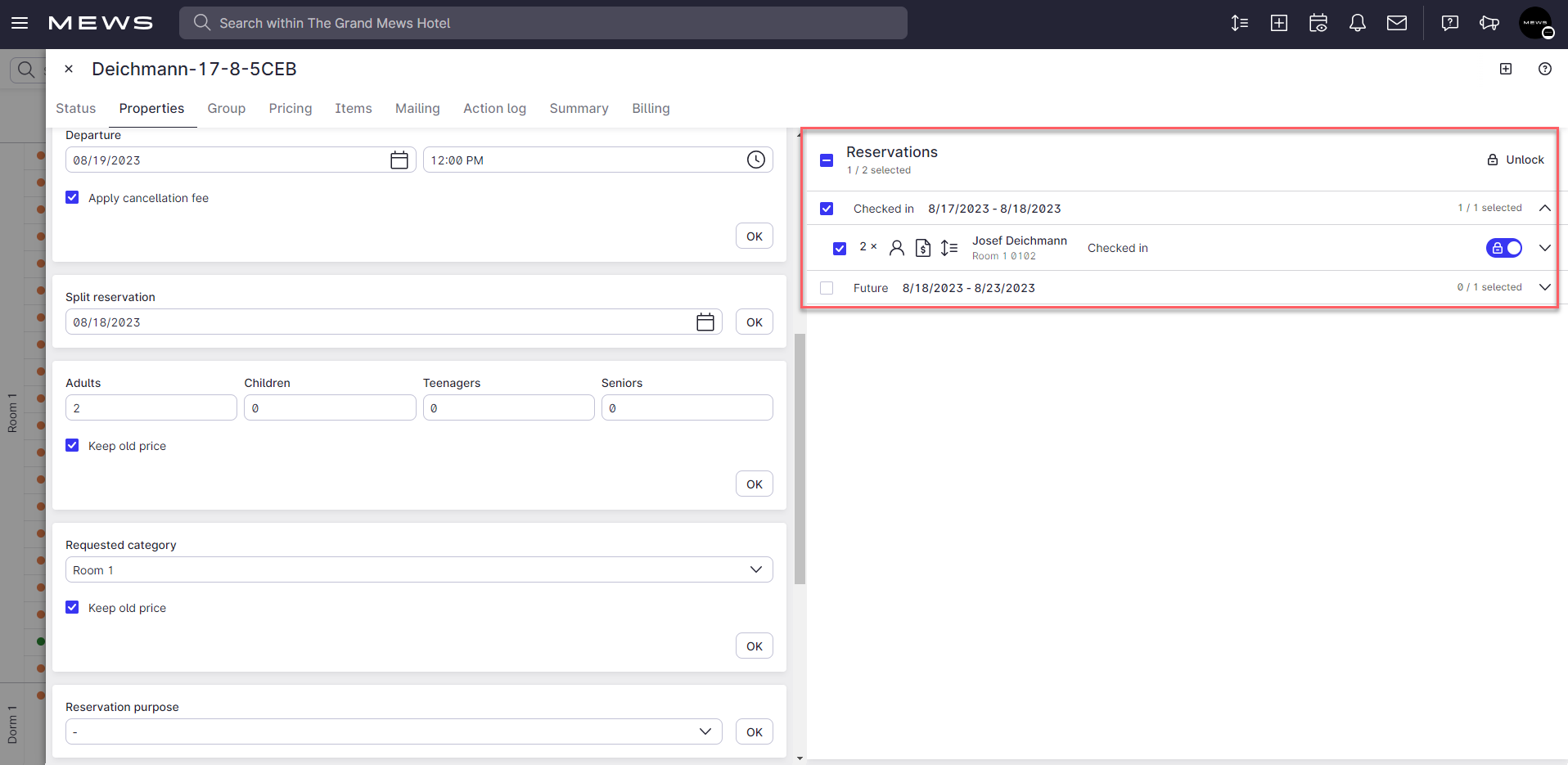 Splitting a reservation in Mews Operations
