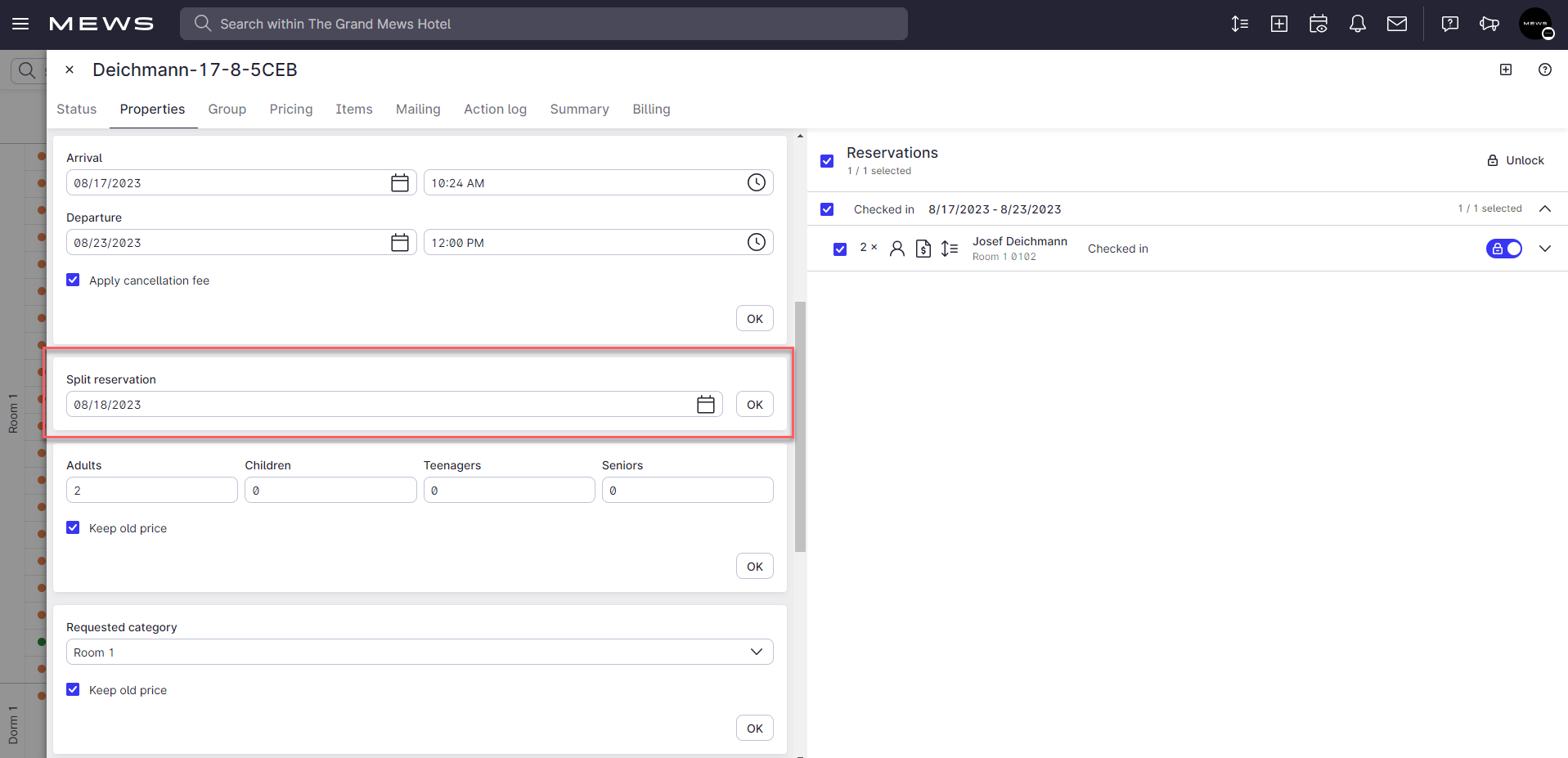 Splitting a reservation in Mews Operations