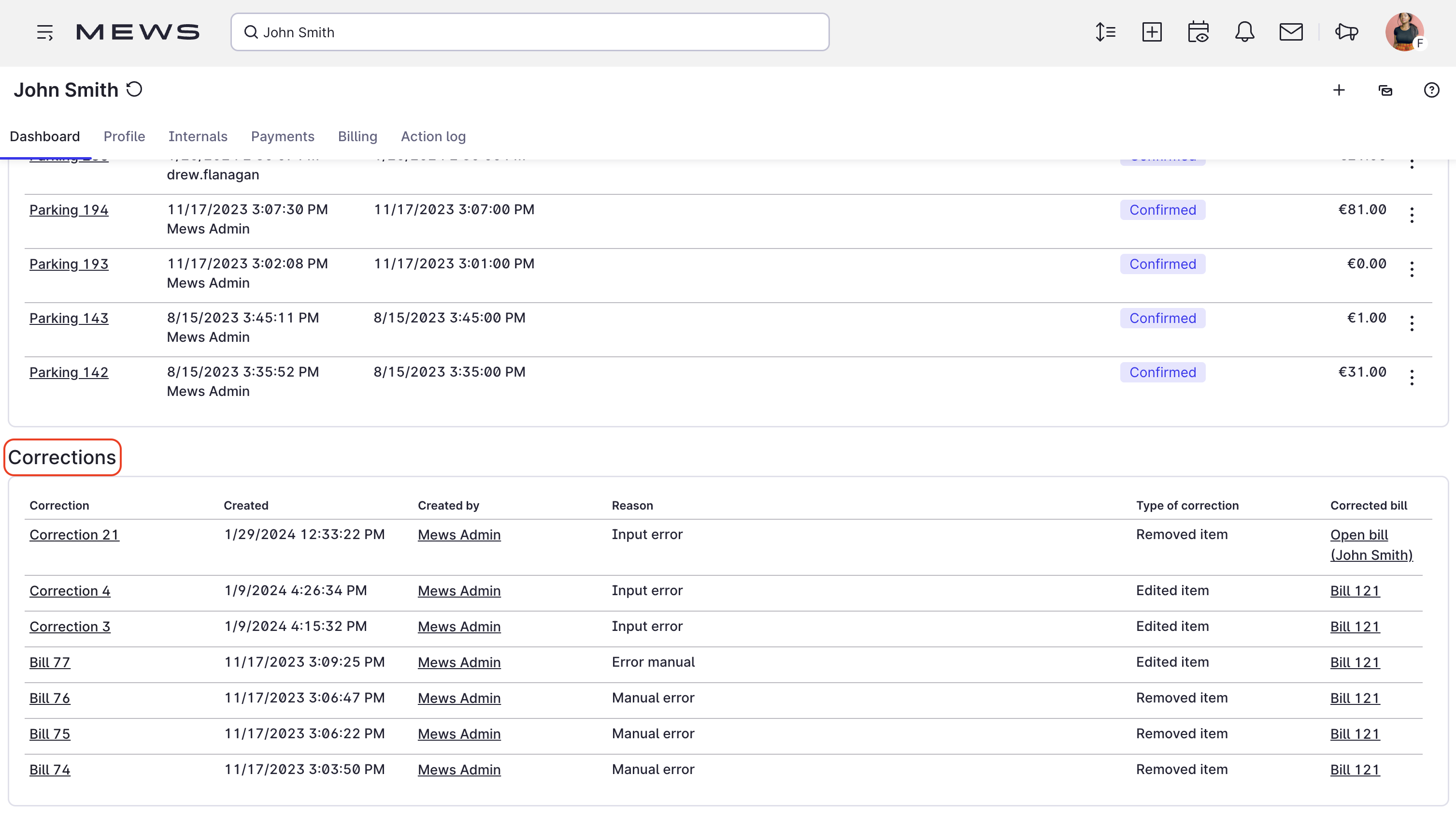 How to use the customer Dashboard to view corrected items from open bills