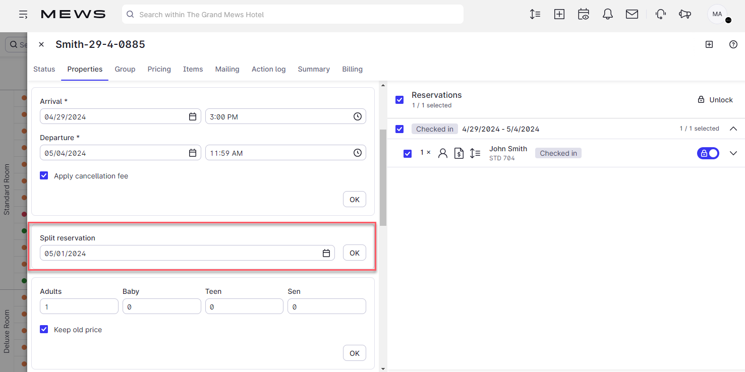 Splitting a reservation in Mews Operations
