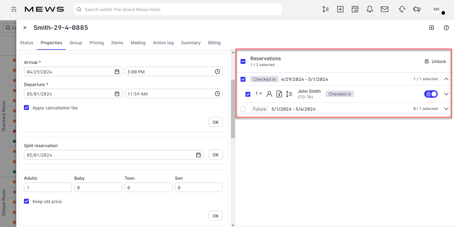 Splitting a reservation in Mews Operations