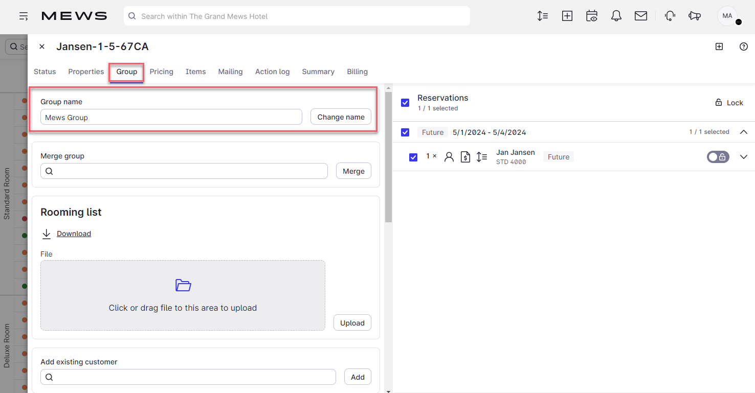 How to modify the name of a group reservation in Mews Operations