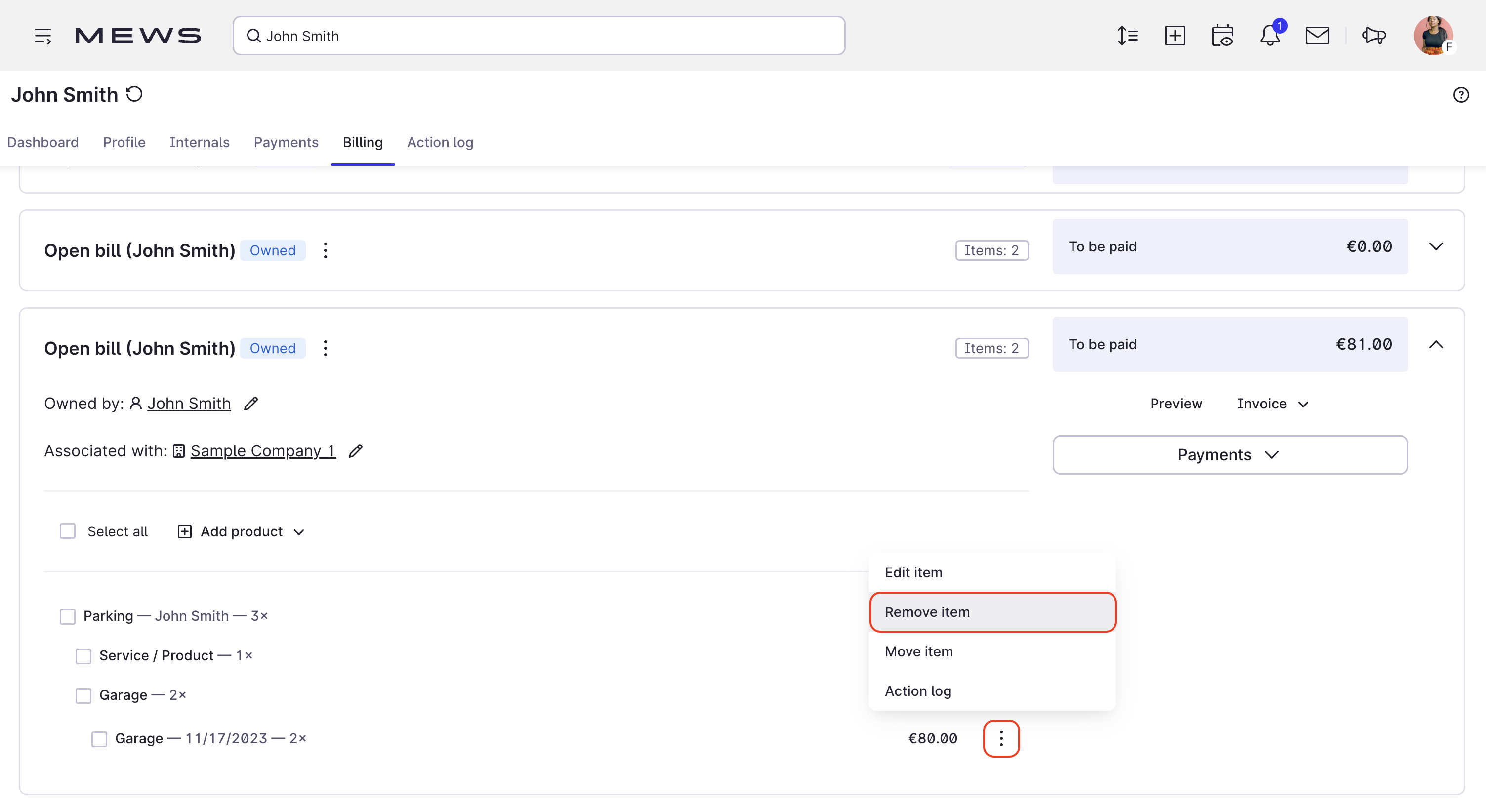How to remove a single item from an open bill