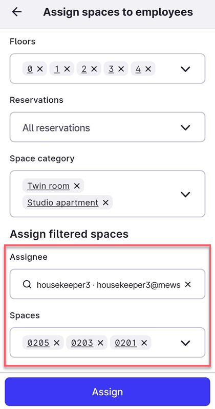 How to assign spaces to employees for housekeeping using the Mews app