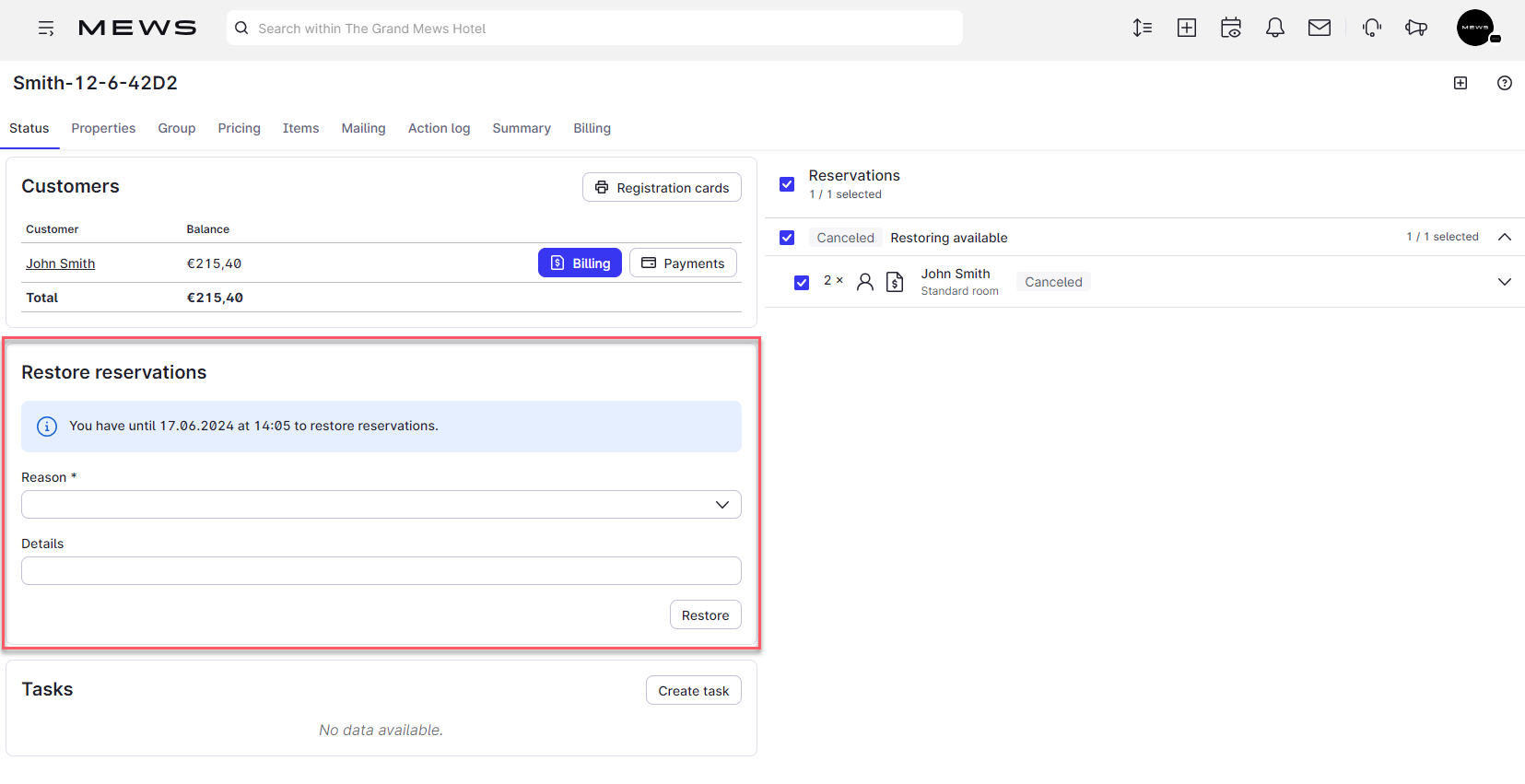 How to restore a canceled reservation in Mews Operations