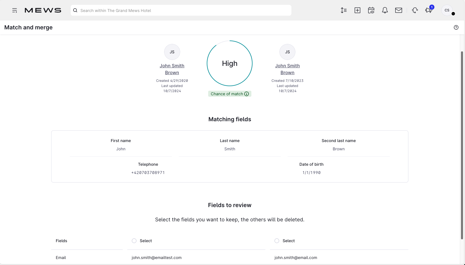 How to merge matching customer profiles with Match and merge in Mews Operations