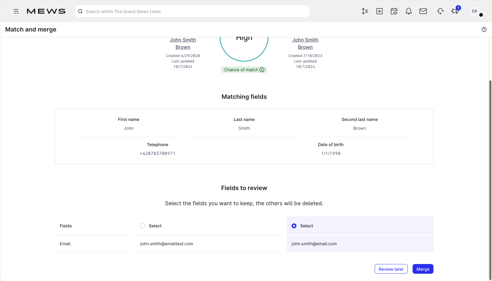 How to merge matching customer profiles with Match and merge in Mews Operations