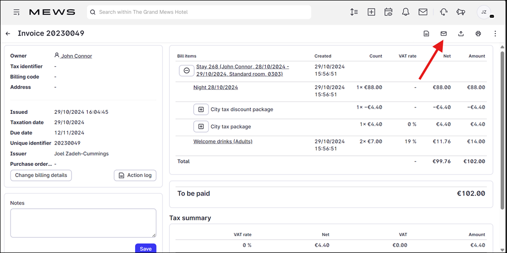 How to send email invoice payment requests in Mews Operations