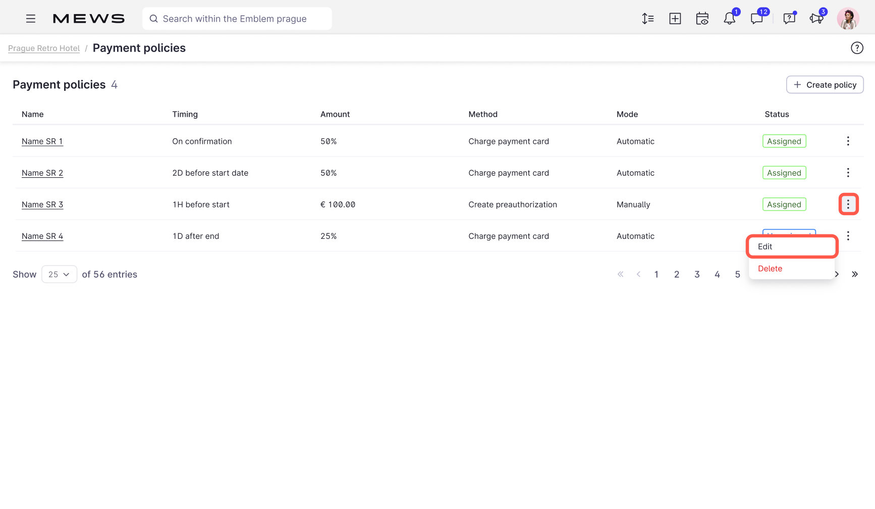 How to modify or delete a payment policy in Mews Operations