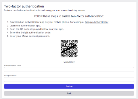 Two-factor authentication (2FA) login journey in Mews