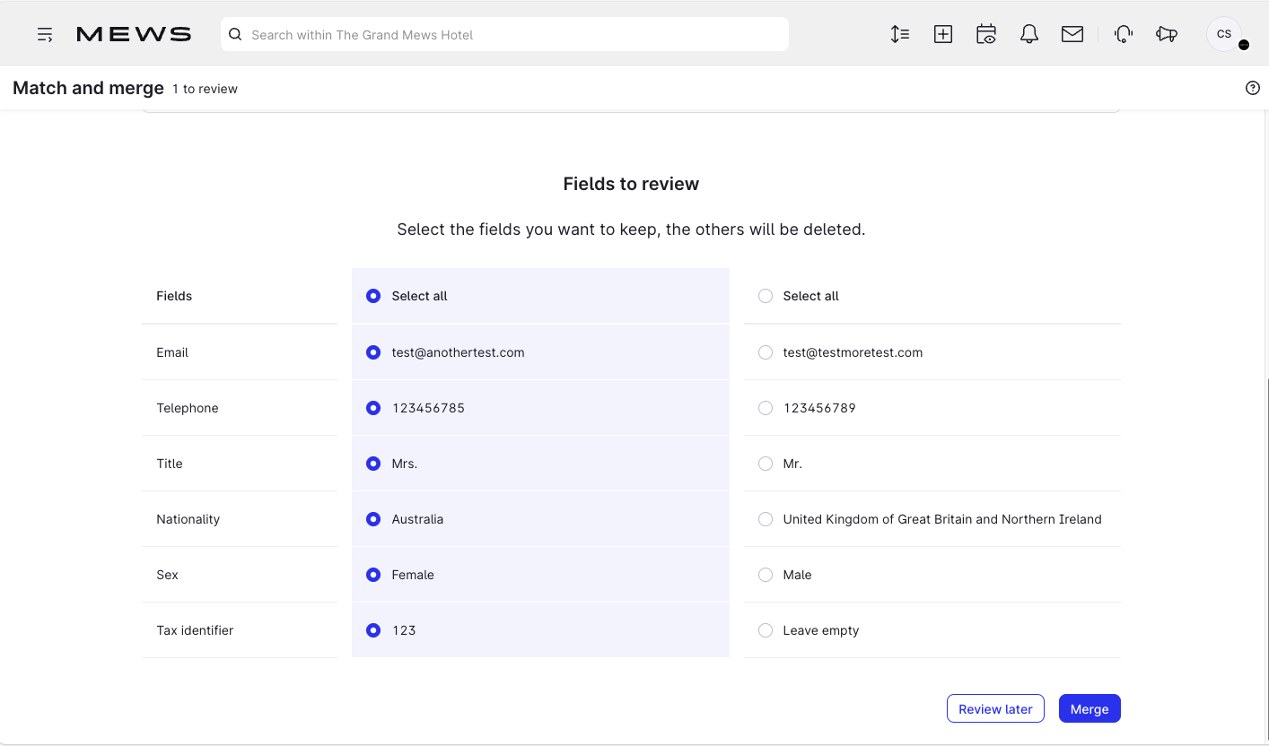 How to merge matching customer profiles with Match and merge in Mews Operations