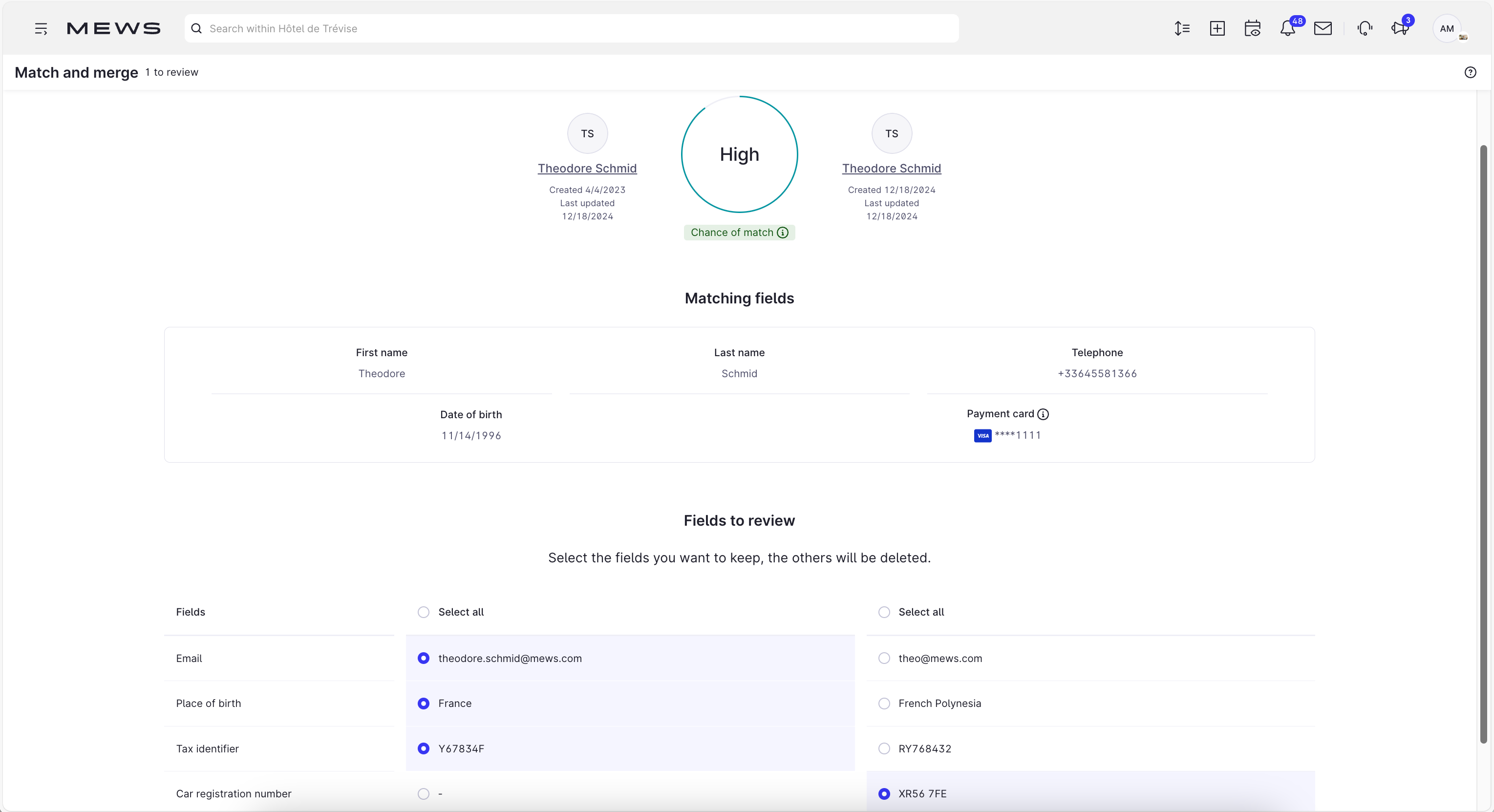 How to merge matching customer profiles with Match and merge in Mews Operations