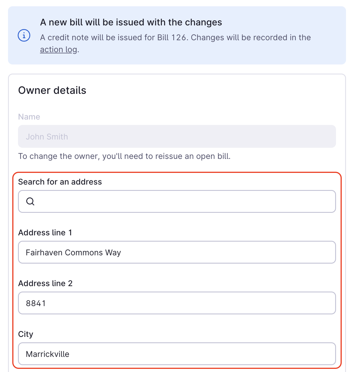 How to change the bill owner’s address on an issued invoice or closed ...