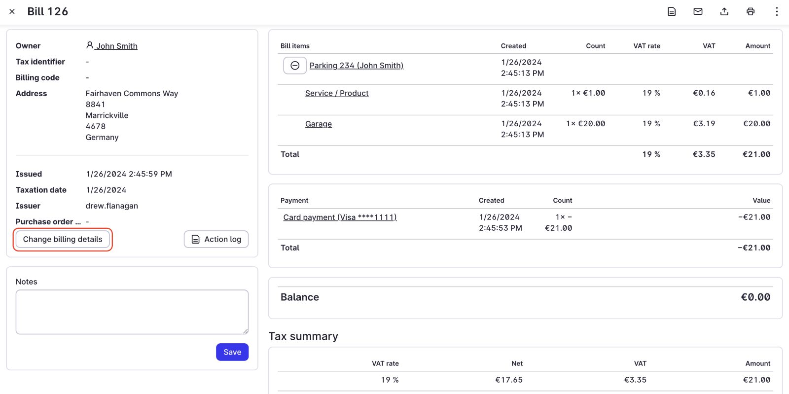 How to change the bill owner’s address on an issued invoice or closed bill in Mews Operations