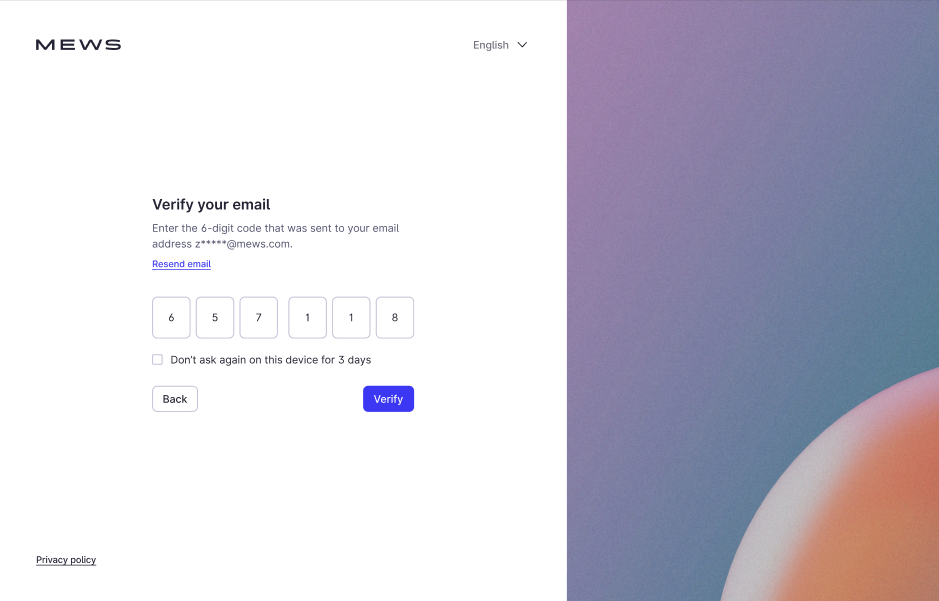 Two-factor authentication (2FA) login journey in Mews
