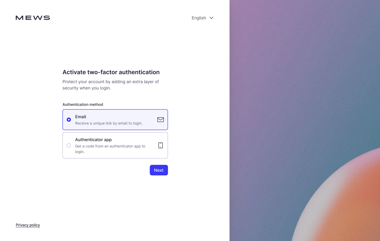 Two-factor authentication (2FA) login journey in Mews