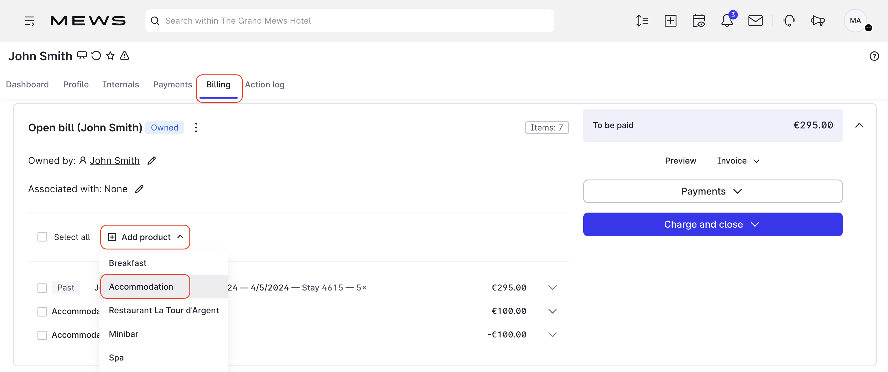 How to split charges on a bill in Mews Operations