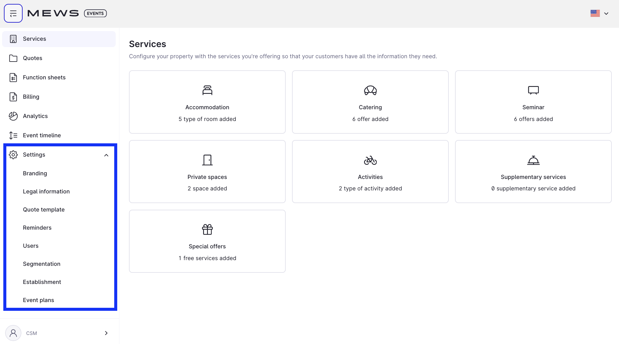 Using the Settings menu to configure events in Mews Events