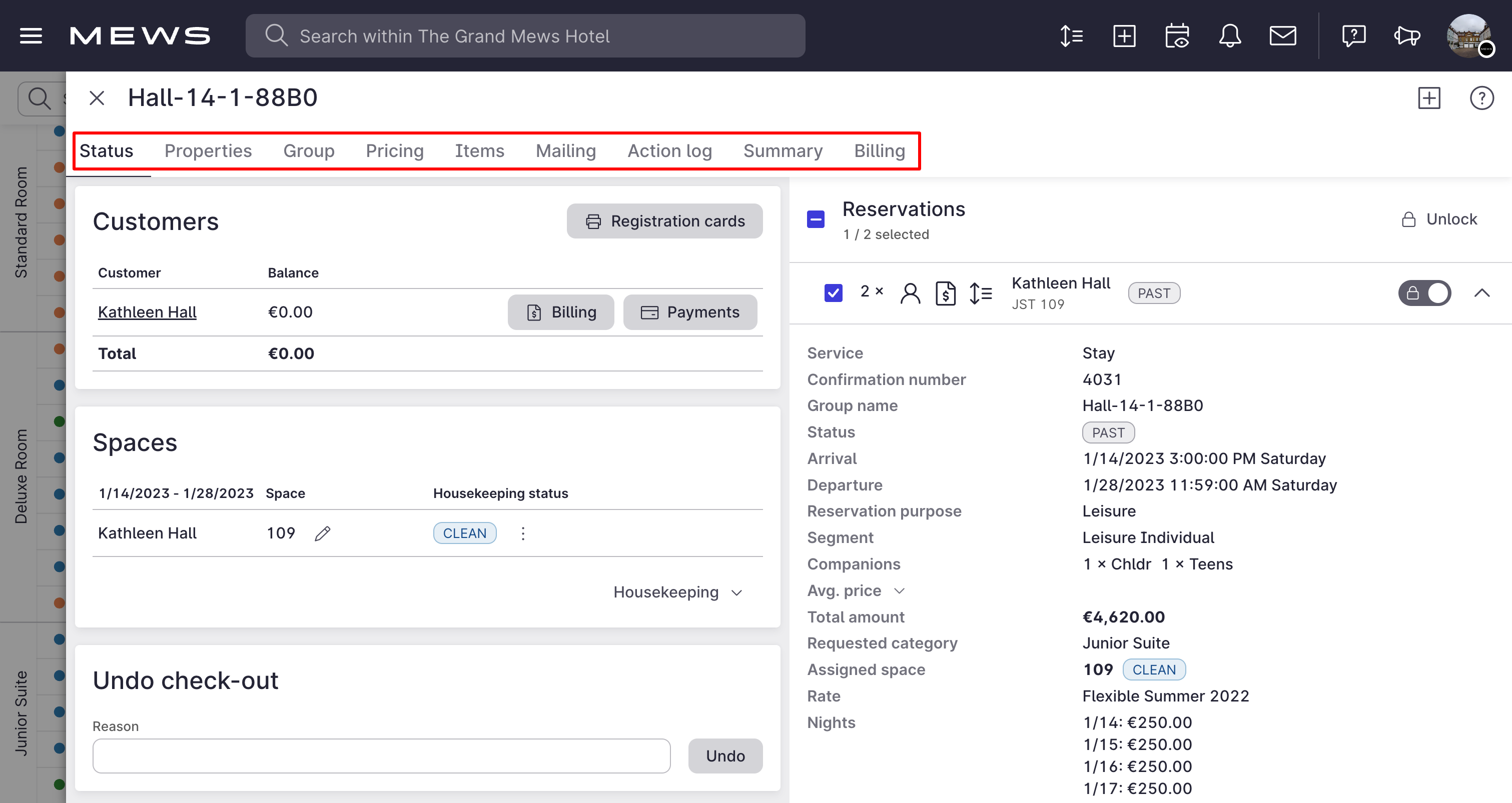 The Reservations management screen