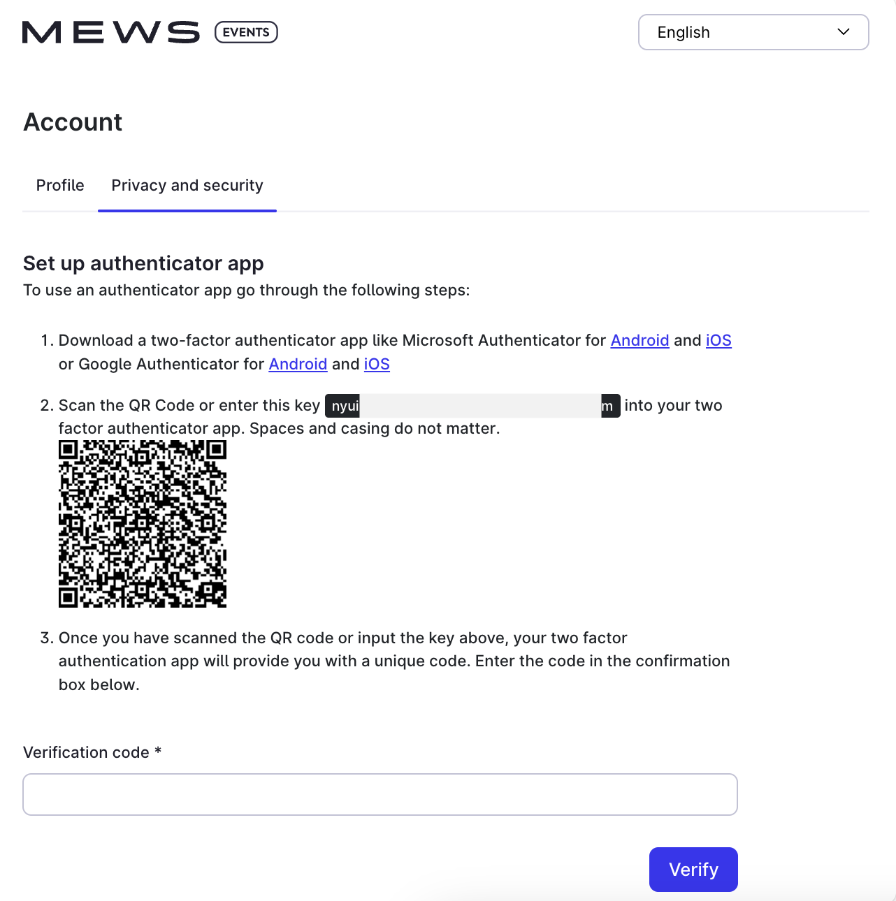 How to enable Two-Factor authentication (2FA) in Mews Events using an authenticator app