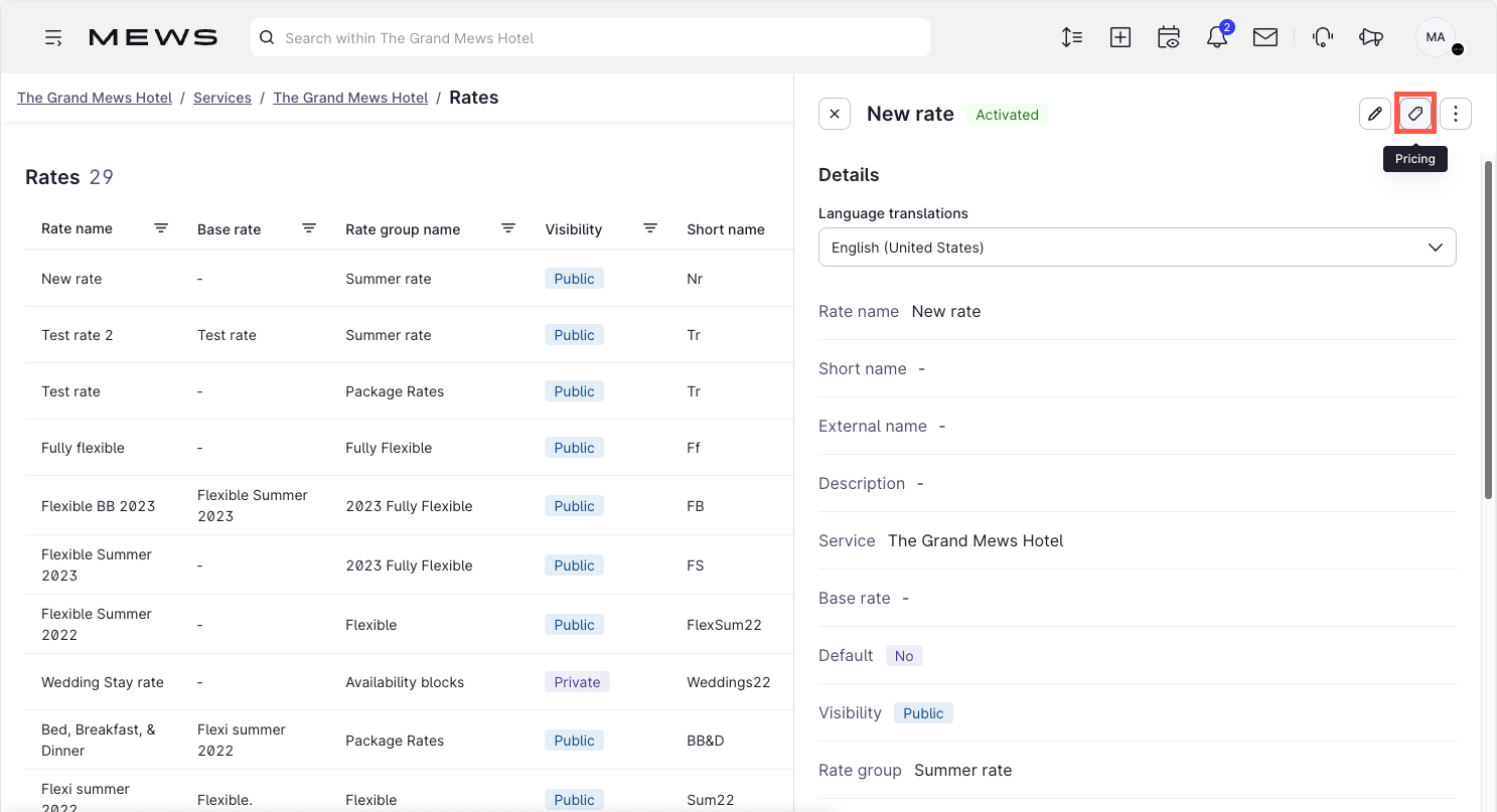 Managing the pricing details of a rate in Mews Operations