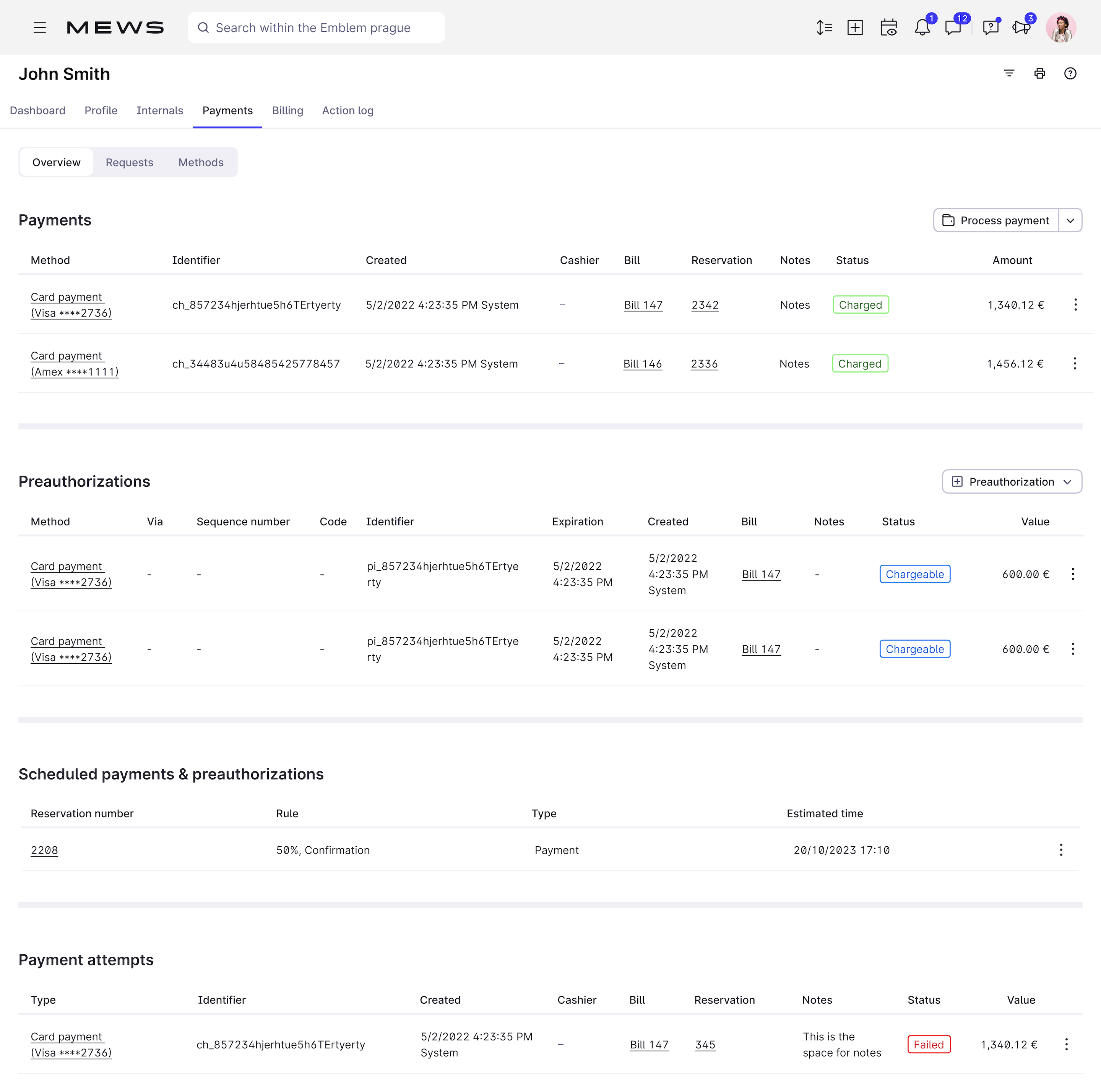 The Customer management screen