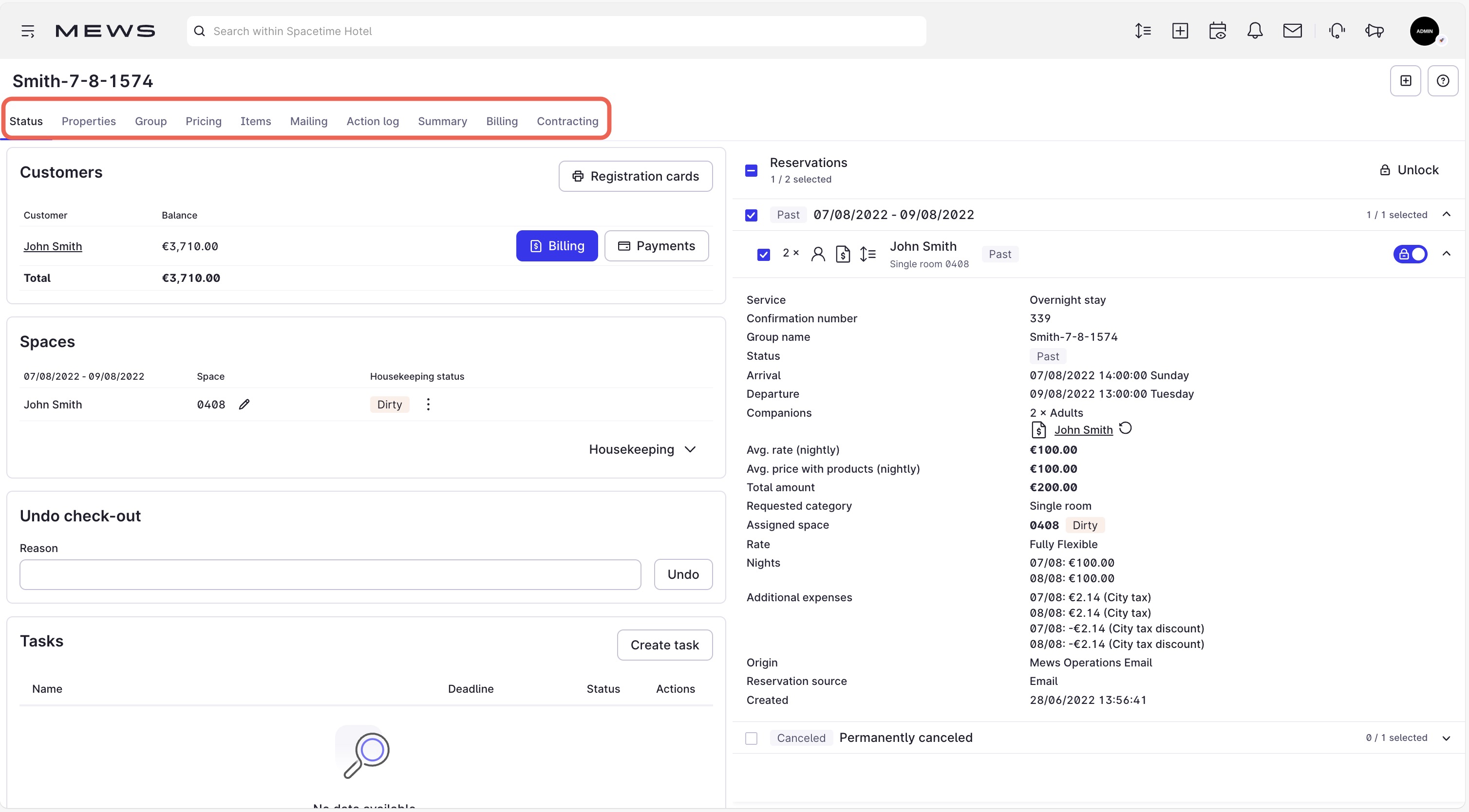 The Reservations management screen