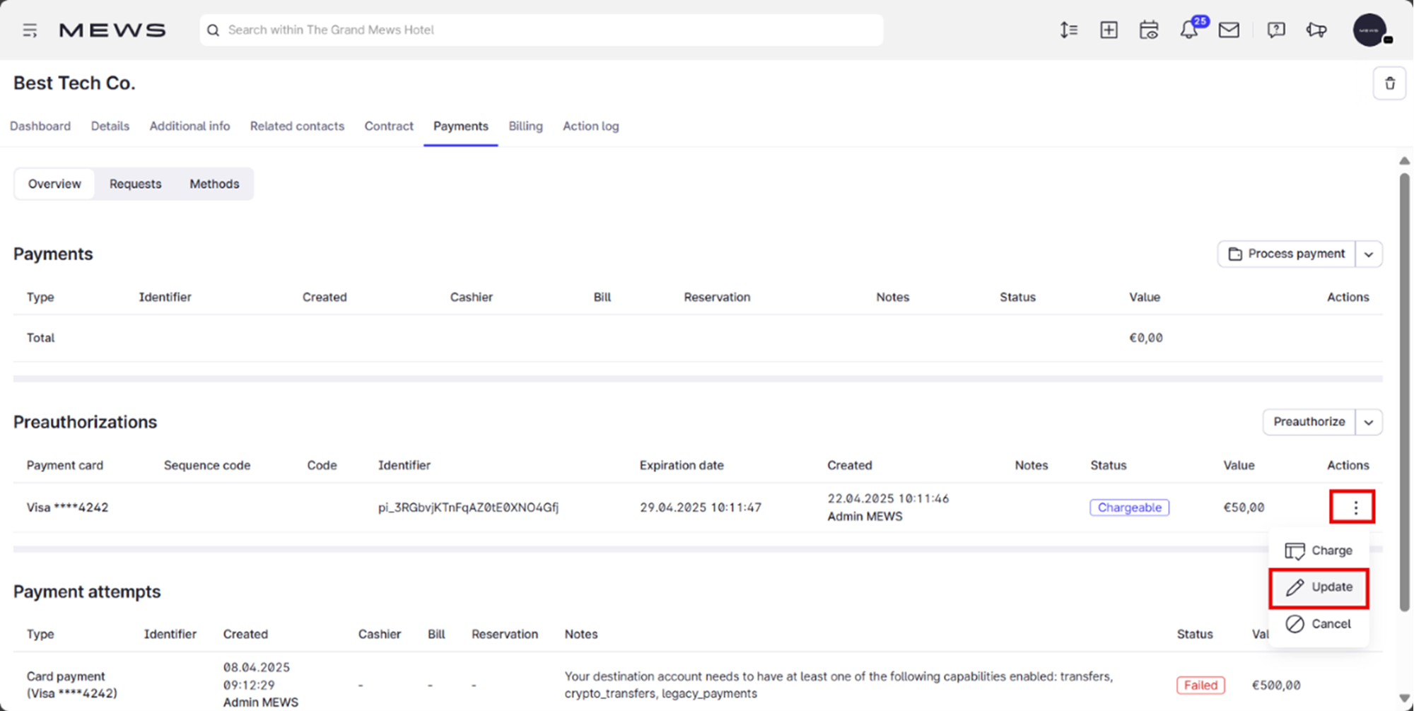 How to update a card preauthorization amount in Mews Operations