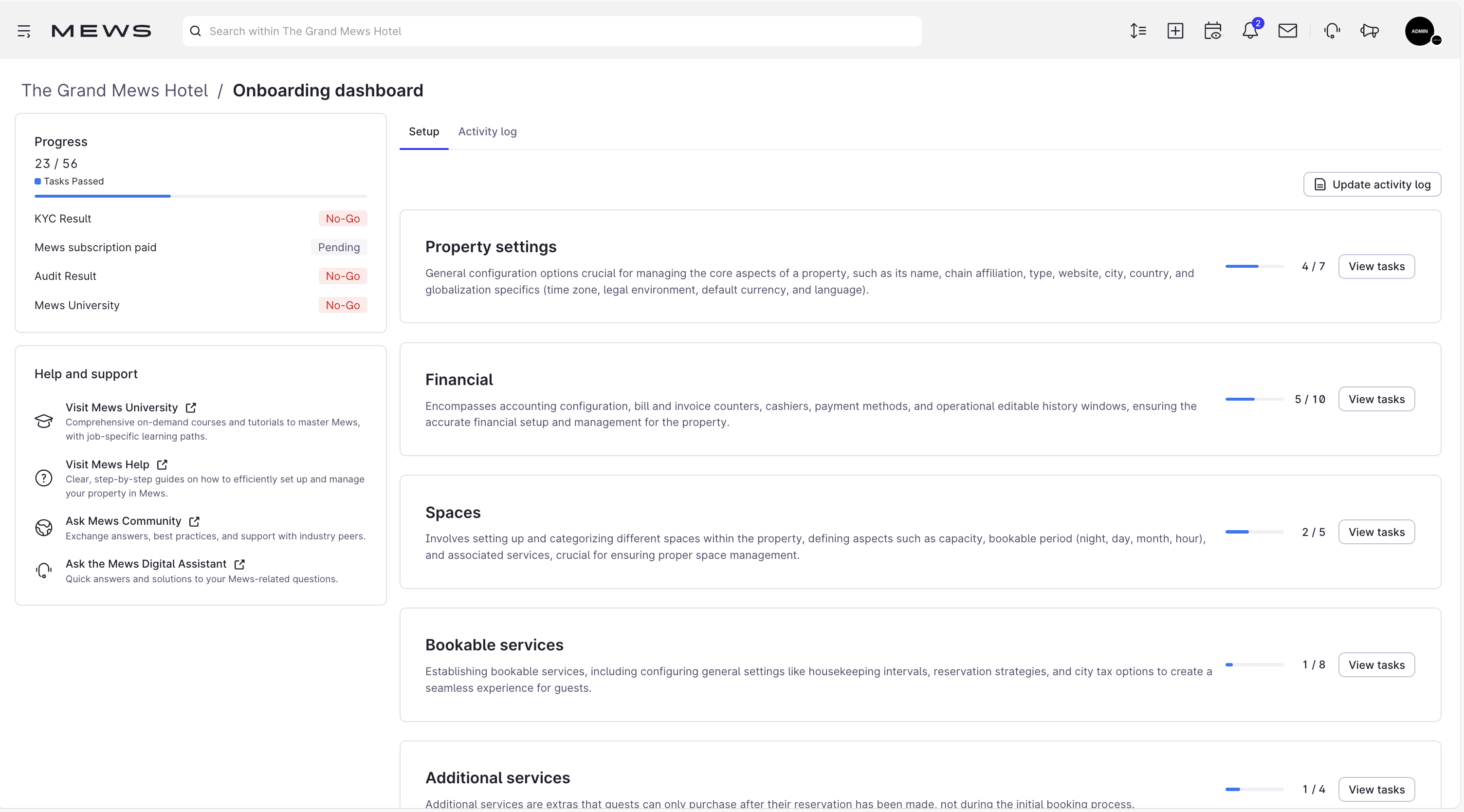 Mews Onboarding Dashboard FAQ