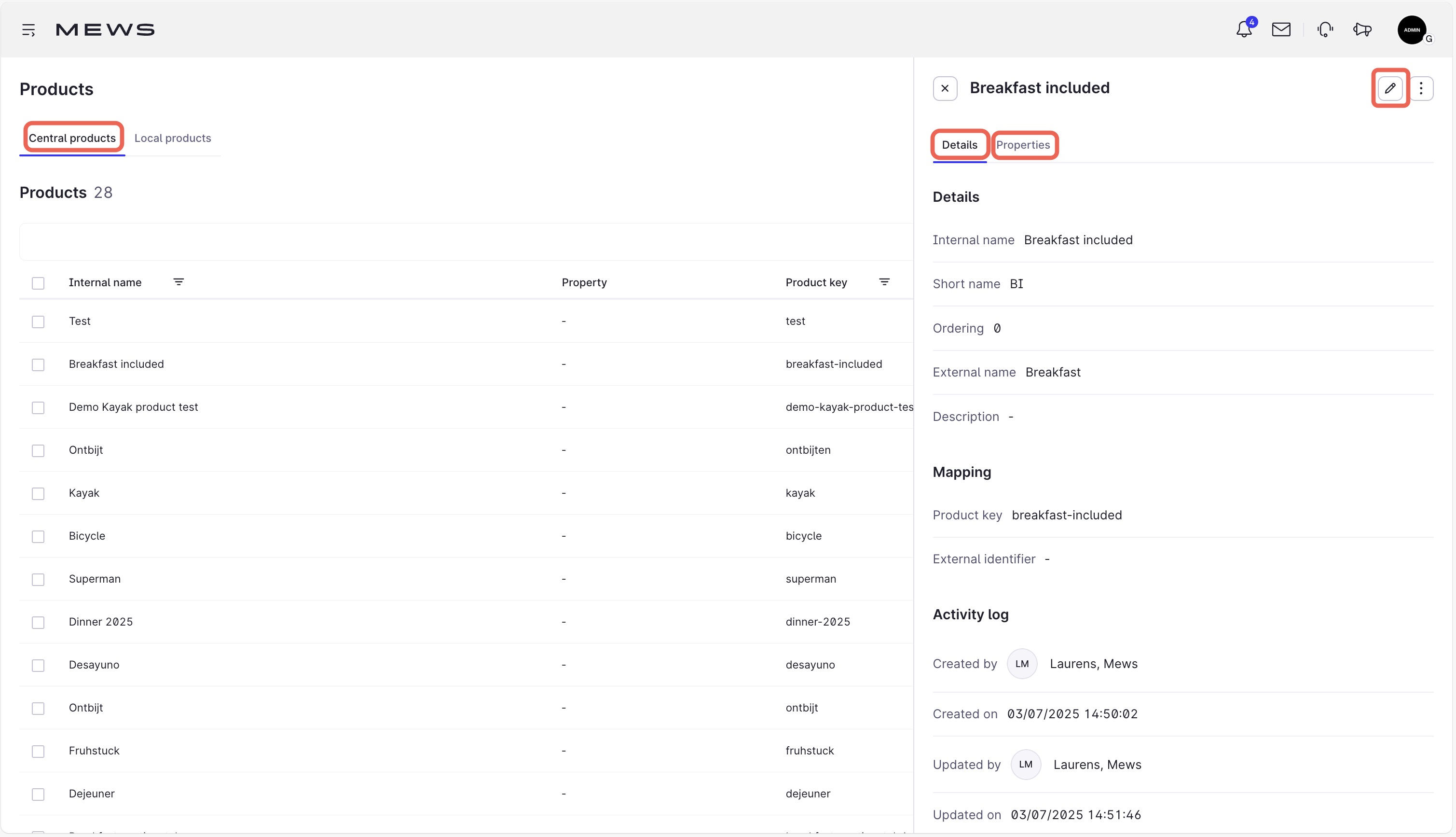How to modify a central product in Mews Multi-Property
