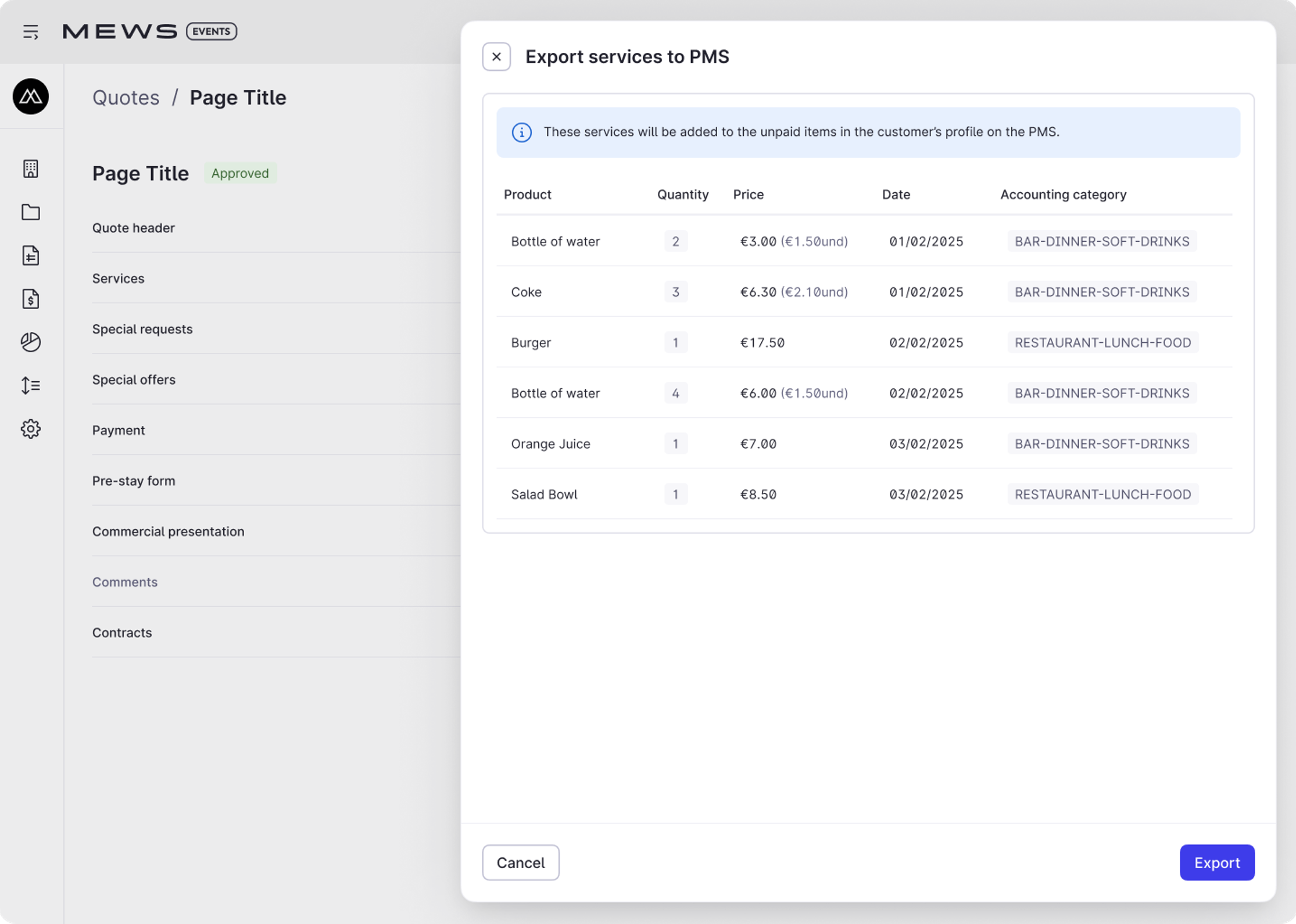 How to export services from an approved quote in Mews Events as billable items in Mews Operations